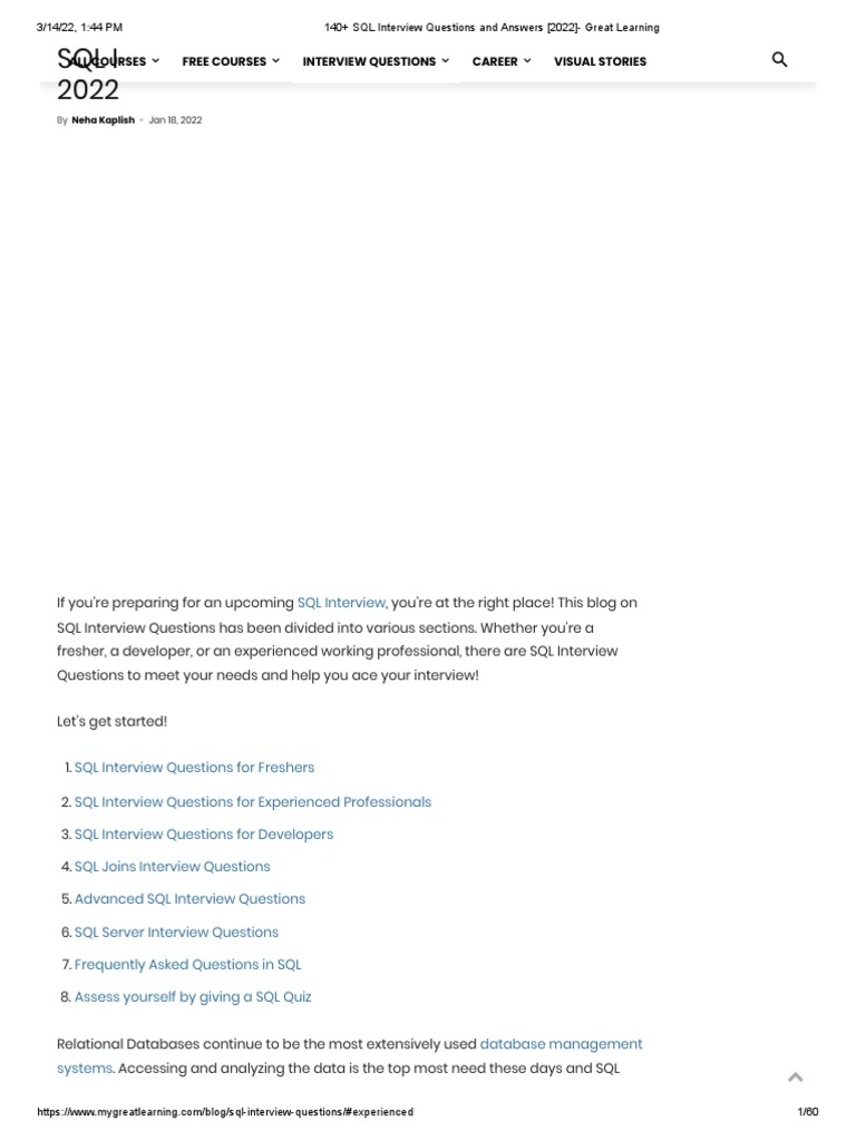 140+ SQL Interview Questions and Answers (2022) - Great Learning | PDF | Databases | Relational ...