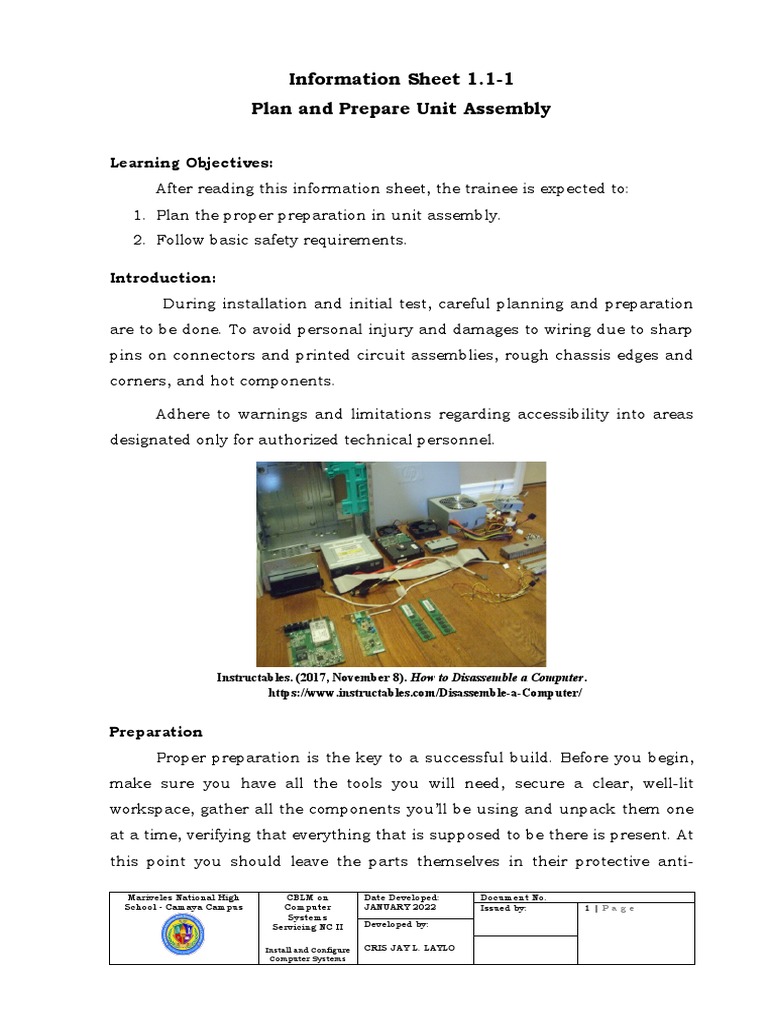 Information Sheet 1.1-1 Plan and Prepare Unit Assembly: Learning Objectives | PDF ...
