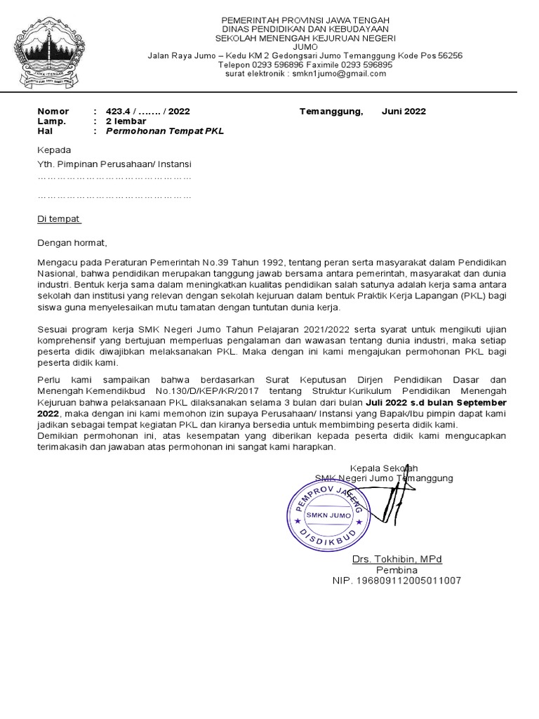 Surat Permohonan Pkl/prakerin | PDF