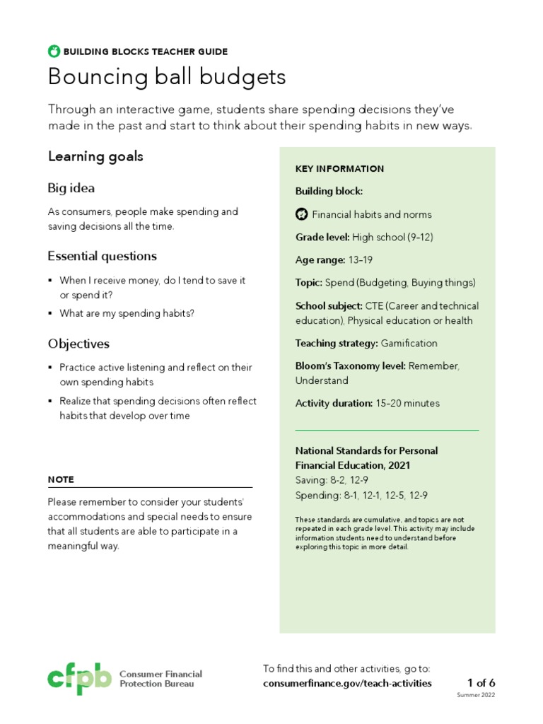 Bouncing Ball Budgets Activity Guide | PDF | Money | Understanding