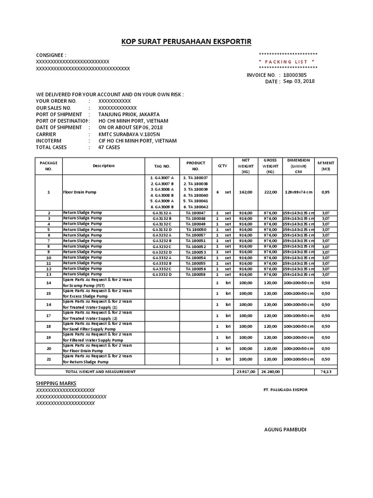Contoh Packing List Ekspor | PDF | Business | Supply Chain Management