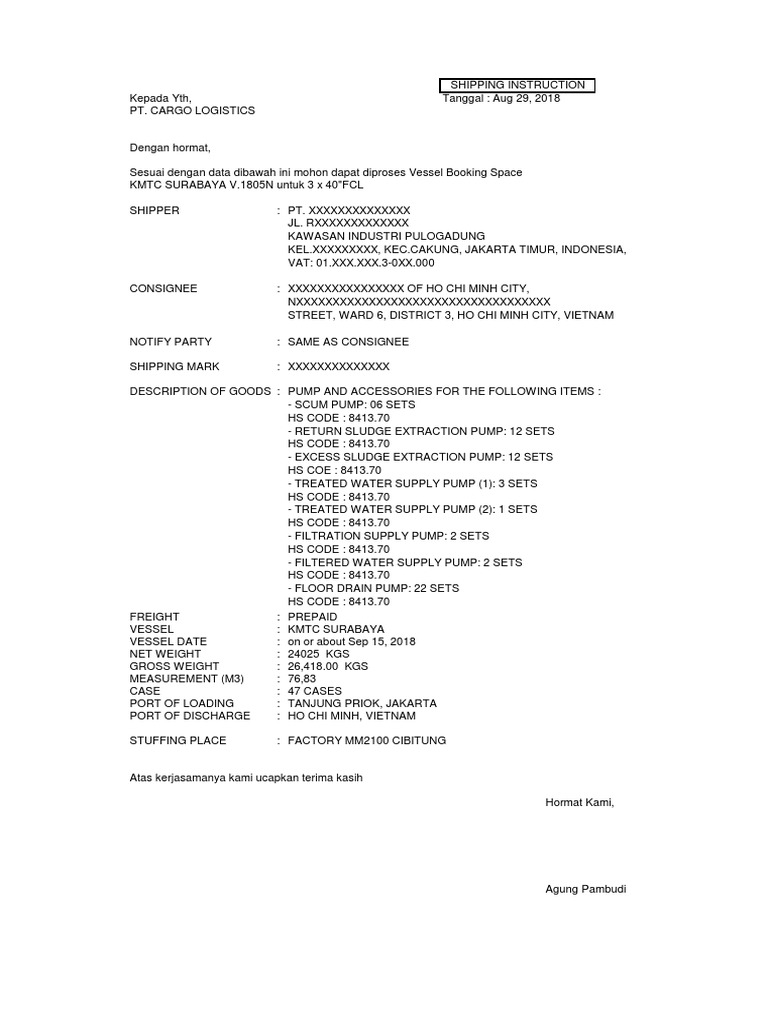 Shipping Instruction for Vessel Booking | PDF | Science & Mathematics