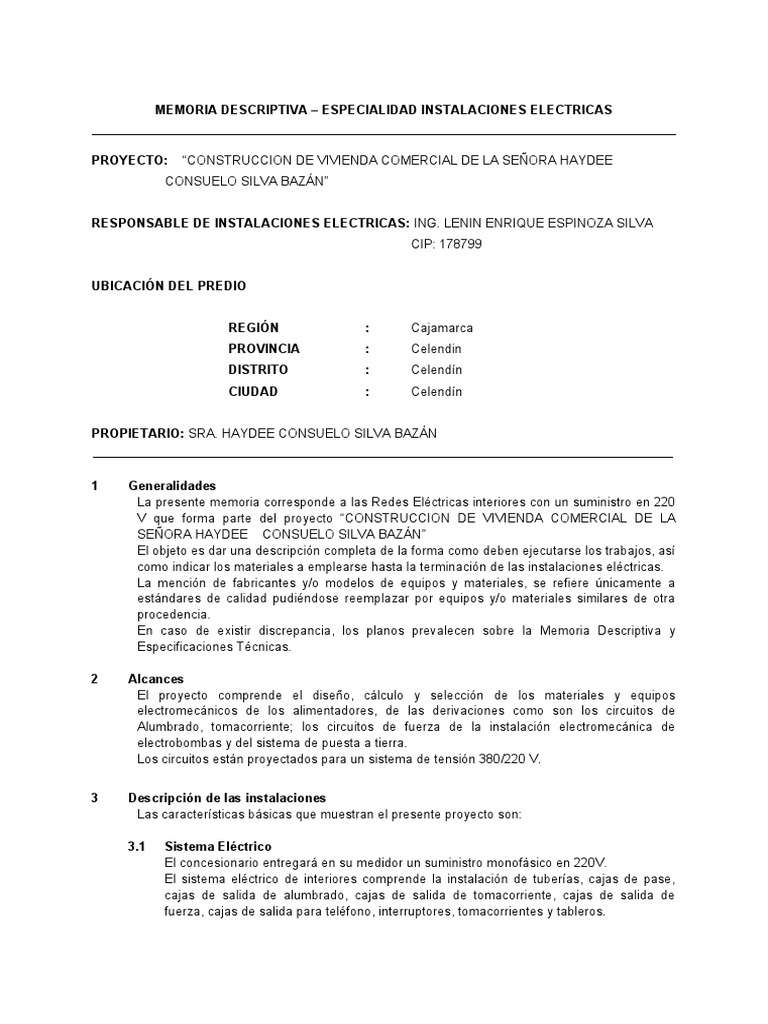 Memoria descriptiva instalaciones eléctricas vivienda comercial | PDF | Enchufes y tomas de ...