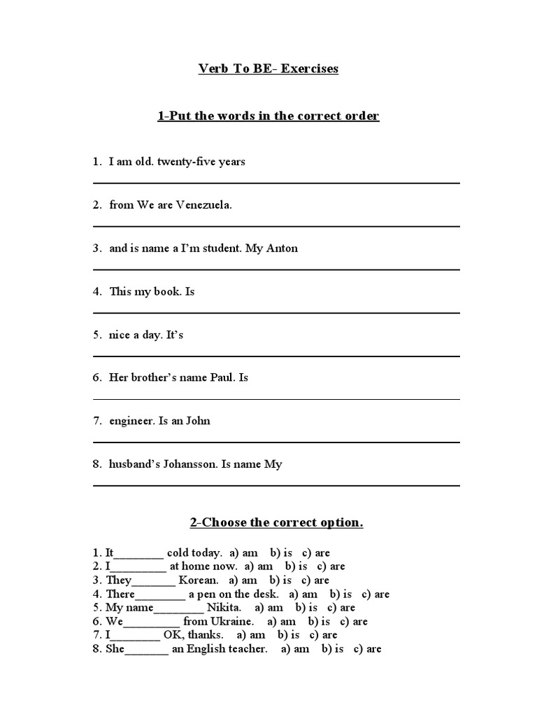 Verb To BE Exercises 1 Put The Words In The Correct Order PDF