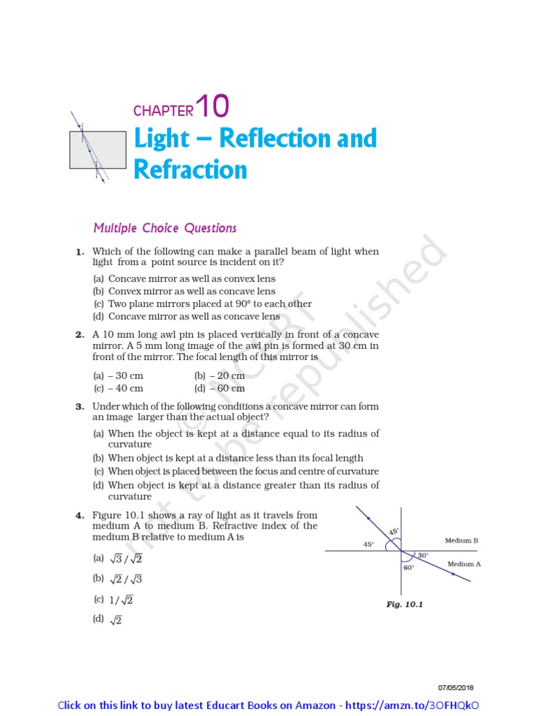 MCQs on Light Reflection and Refraction | PDF | Mirror | Radiation