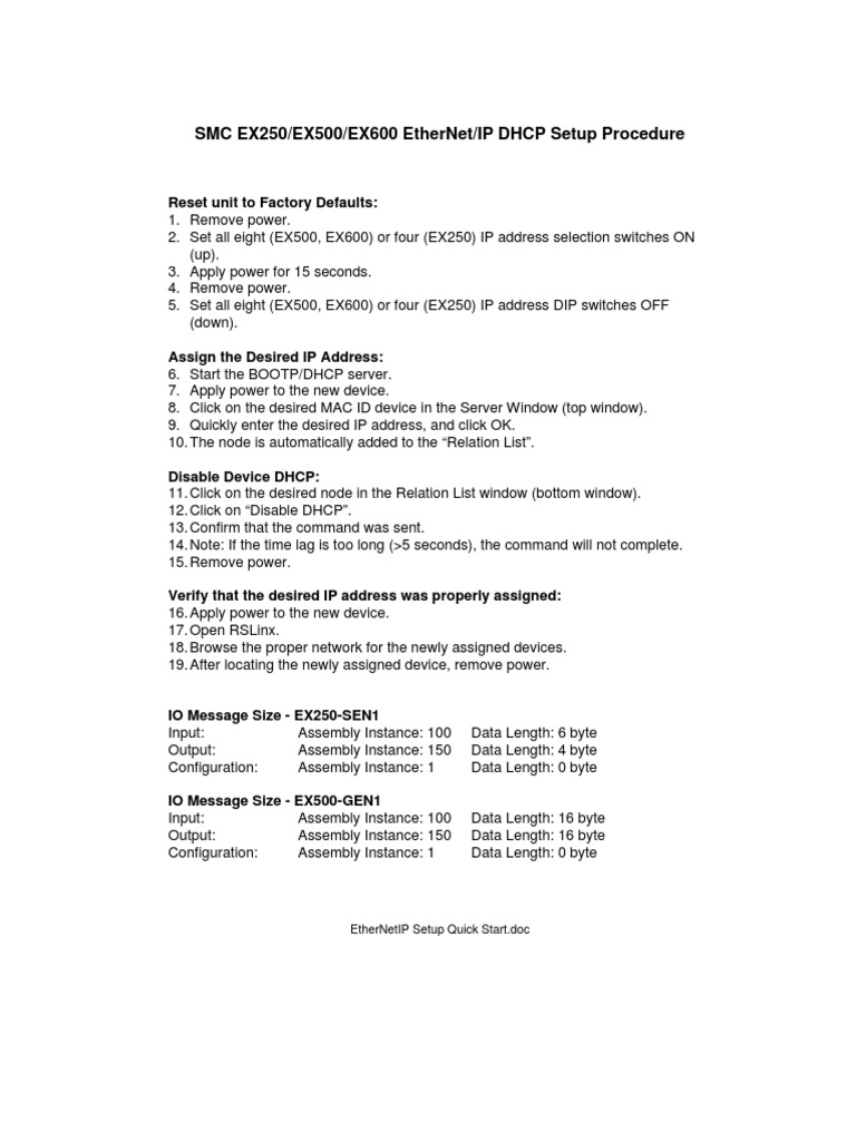 SMC EX600 EtherNetIP Setup Quick Start | PDF