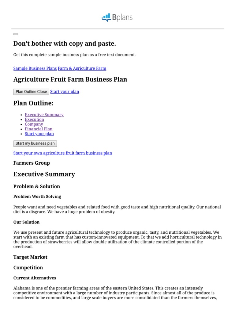 Agriculture Fruit Farm Business Plan Template for 2022 — Bplans | PDF ...