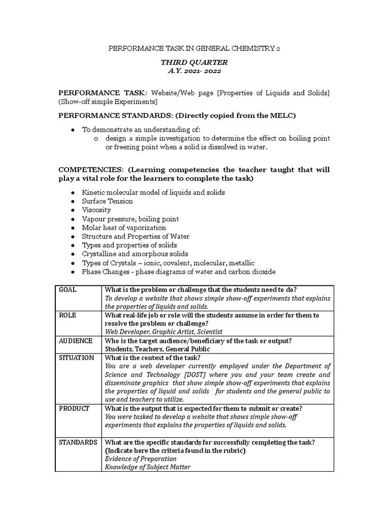 PERFORMANCE TASK: Website/Web Page (Properties of Liquids and Solids ...