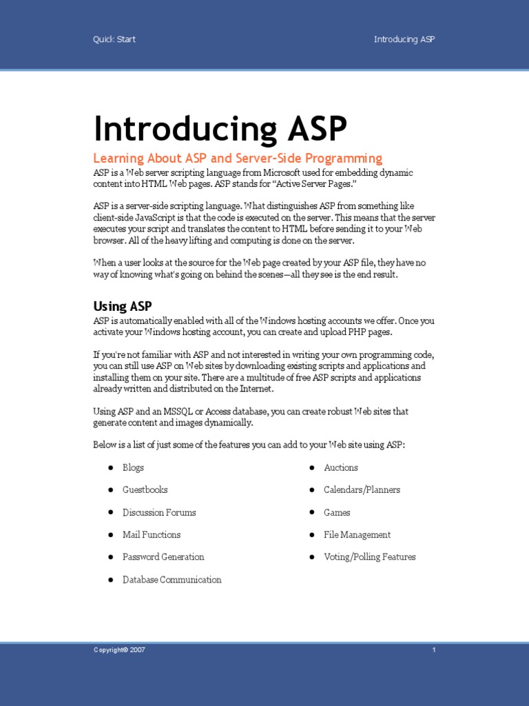 Introducing Asp Learning About Asp And Server Side Programming Download Free Pdf Active