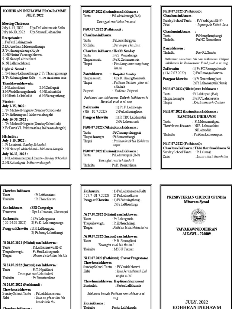 July Inkhawm Programme | Download Free PDF | Christian Organizations ...
