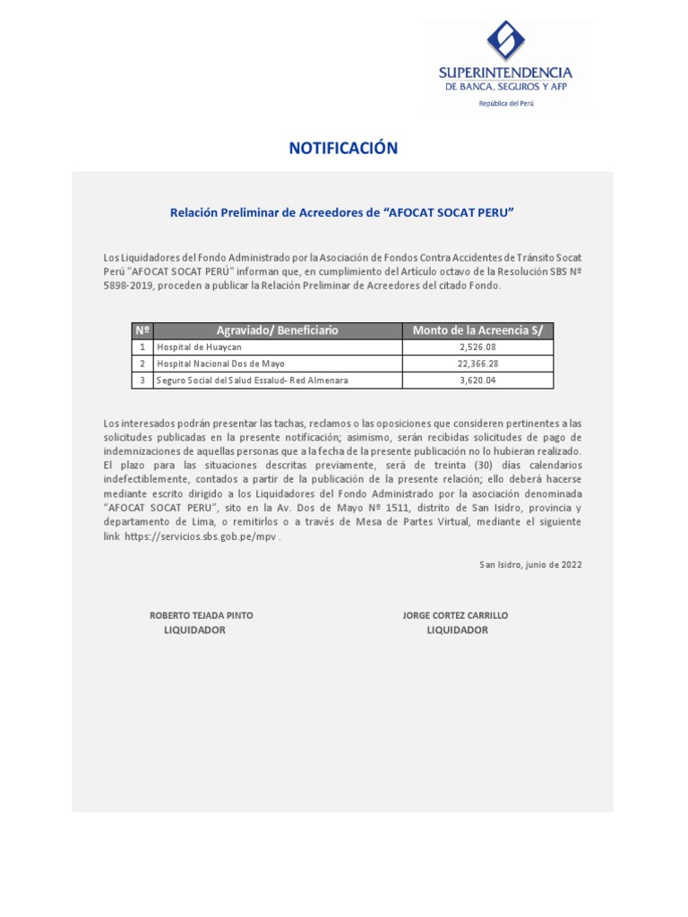 Edicto-Relación-Preliminar-Acreedores-AFOCAT SOCAT PERU | PDF