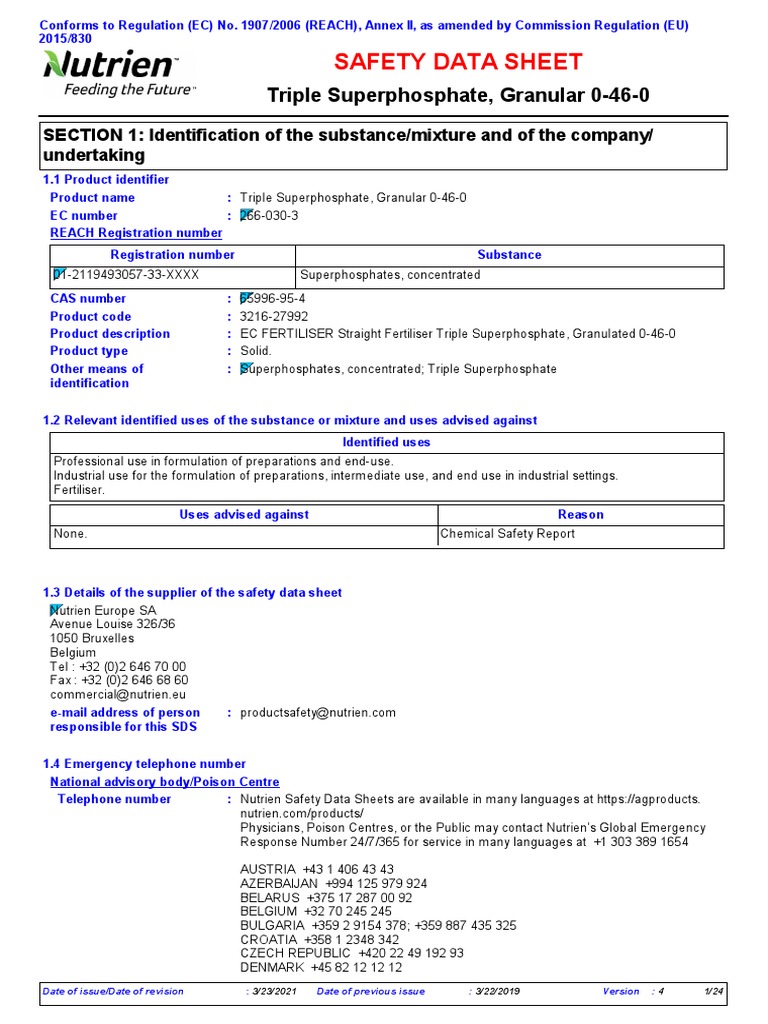 Safety Data Sheet: Triple Superphosphate, Granular 0-46-0 | PDF ...