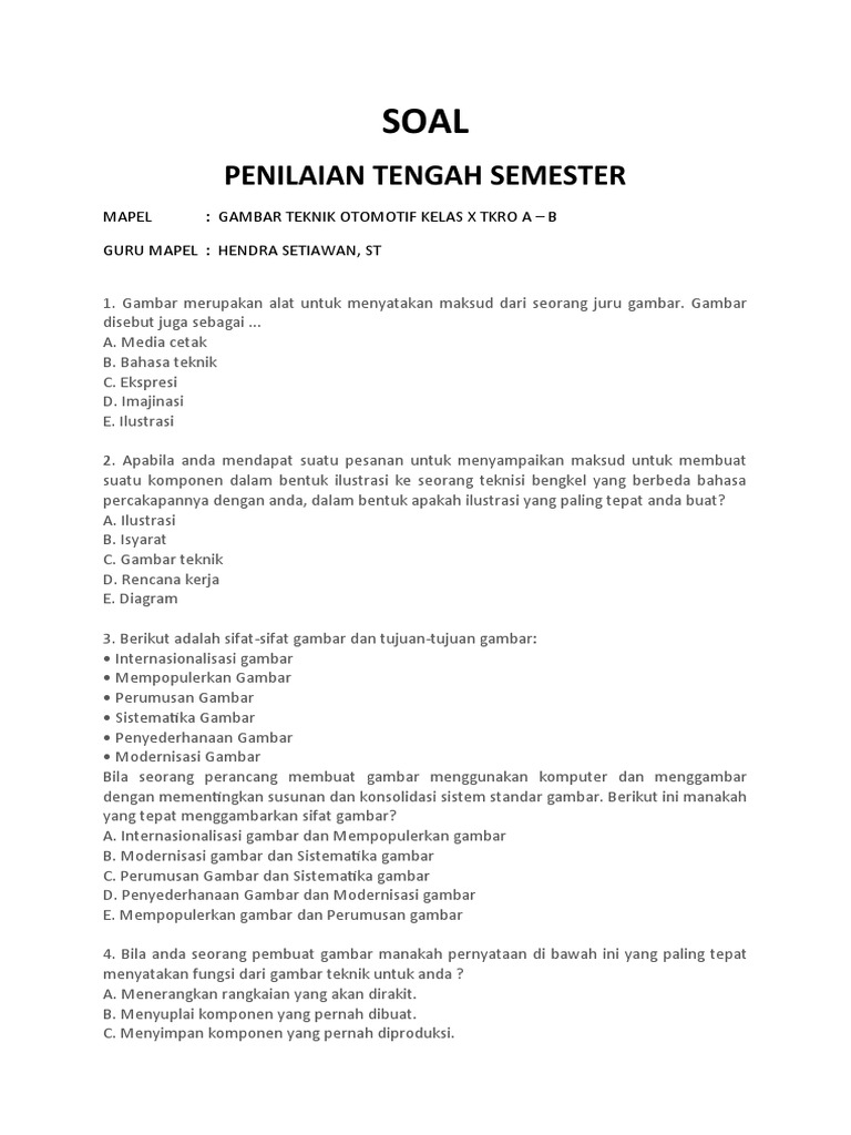 Soal Pts Gto - Kelas X Tkro A-B Semester Genap - Hendra Setiawan | PDF