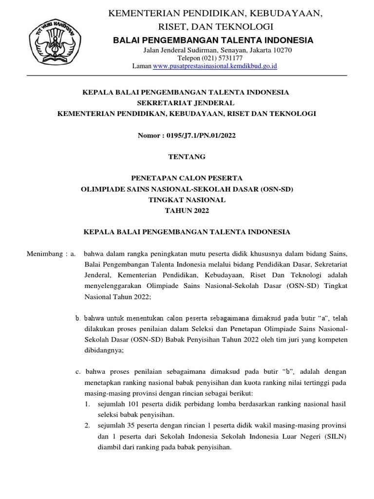 Penetapan Calon Peserta OSN SD - TK Nasional | PDF