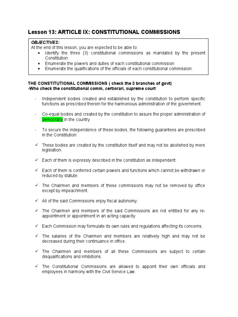 Lesson 13: Article Ix: Constitutional Commissions: Objectives | PDF ...