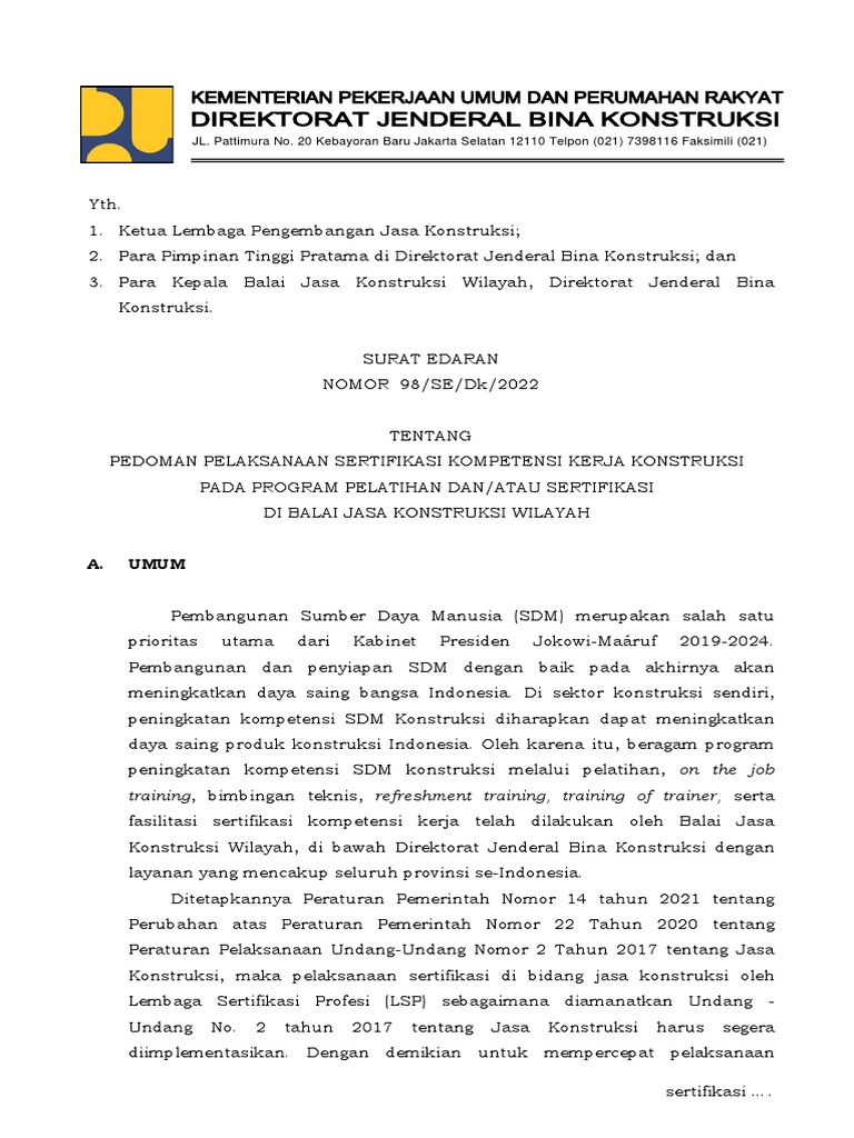 SE Dirjen BK No. 98 - 2022 Pedoman Pelaksanaan Sertifikasi Kompetensi ...