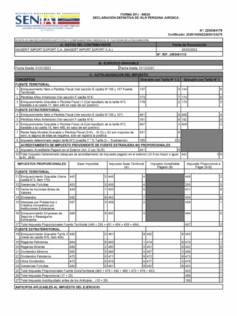 Certificado Electrónico de Recepcion de Declaracion de Islr 2021 ...