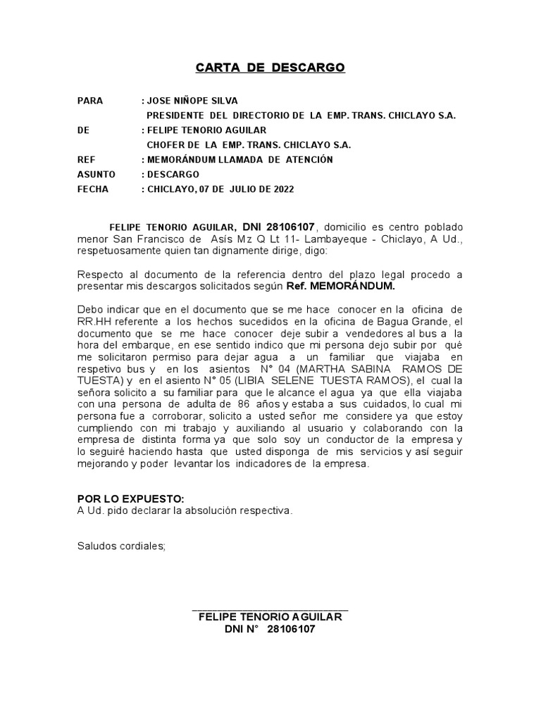 Carta de Descargo-2022 | PDF