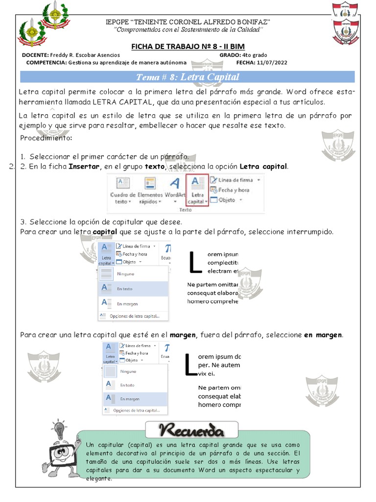 Tema 8-Letra Capital-4to Grado-Ii Bim-2022 | PDF | Microsoft Word ...