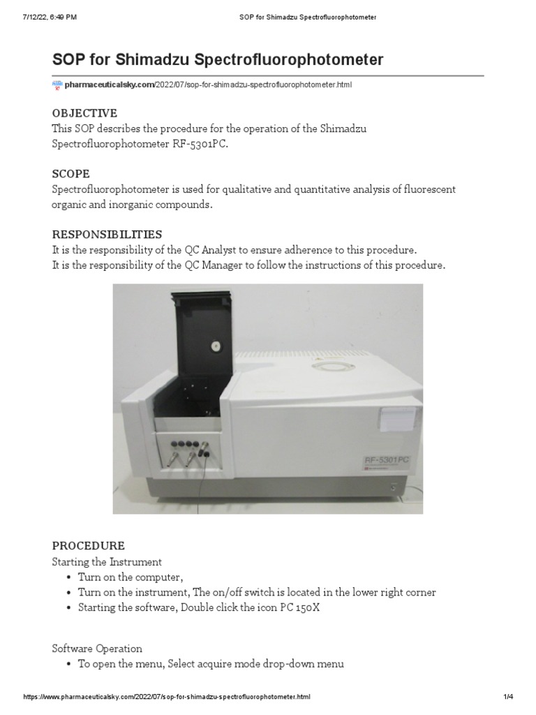 SOP For Shimadzu Spectrofluorophotometer | PDF | Emission Spectrum | Optics