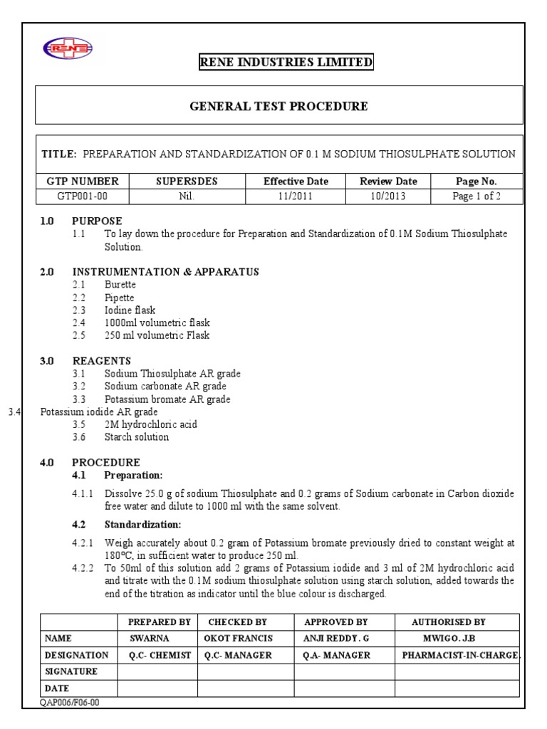 Rene Industries Limited General Test Procedure | PDF | Chemistry ...
