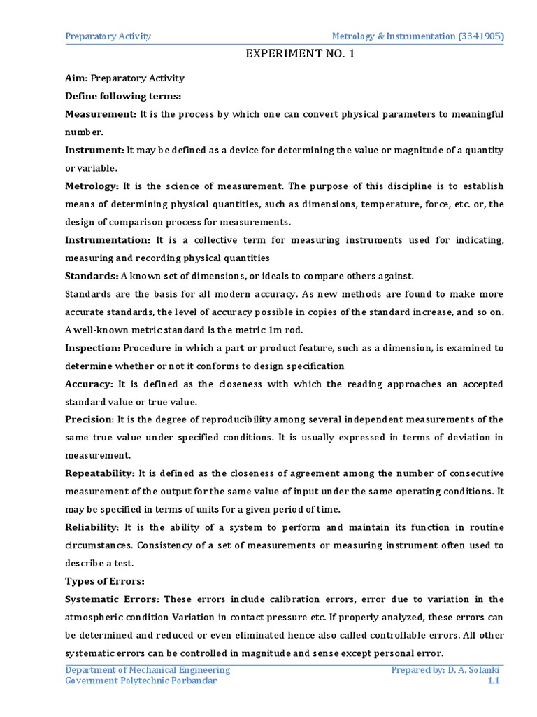 Experiment No. 1: Preparatory Activity Metrology & Instrumentation (3341905) | PDF | Accuracy ...
