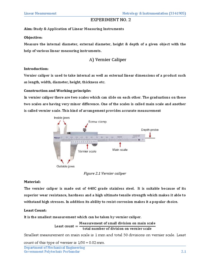 Experiment No. 2: Aim: Study & Application of Linear Measuring ...