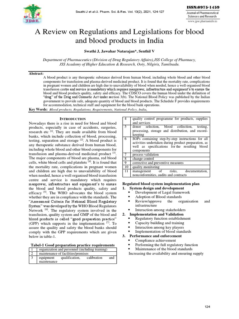 A Review On Regulations and Legislations For Blood and Blood Products ...