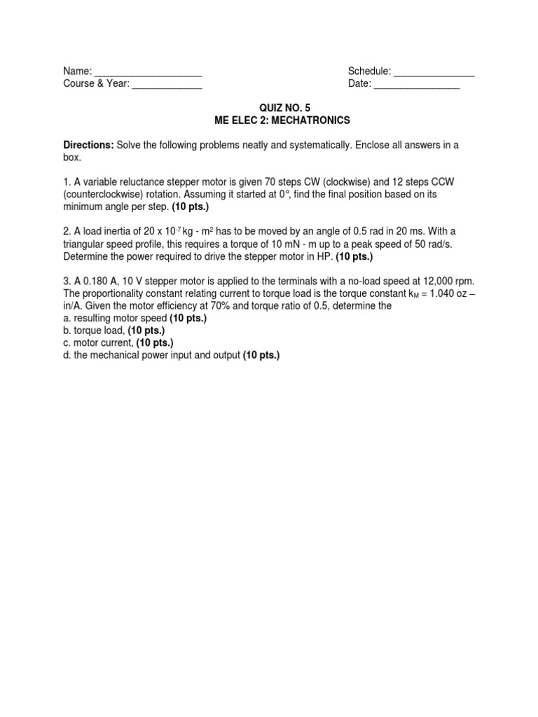 Quiz No. 5 Me Elec 2: Mechatronics Directions: Solve The Following ...