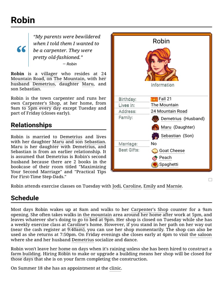 Robin - Stardew Valley Wiki | PDF | Foods | Food And Drink