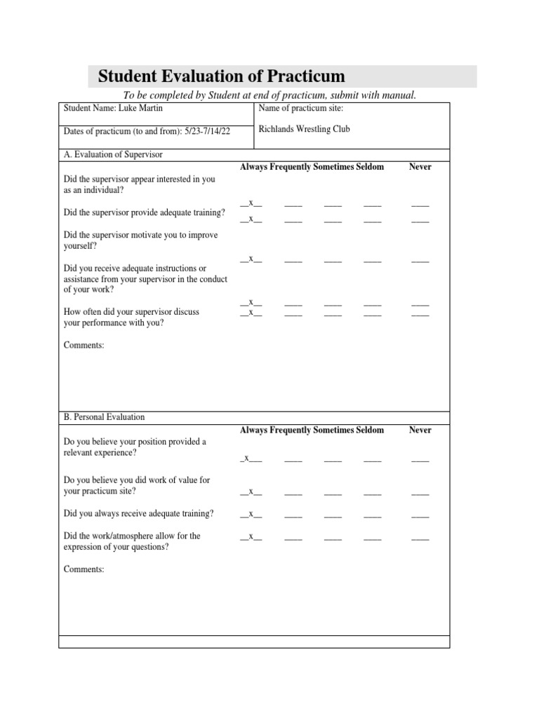 Student Evaluation of Practicum Luke Martin | PDF | Evaluation | Psychology