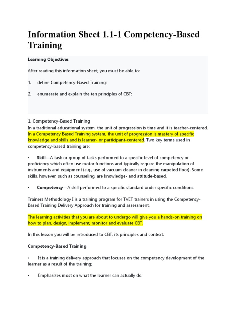 Information Sheet 1.1-1 Competency-Based Training | PDF | Educational ...