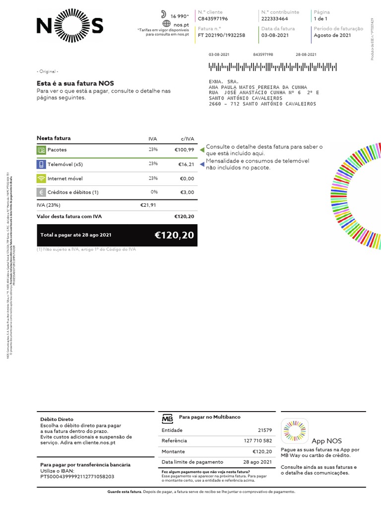 Fatura Nos | Download grátis PDF | Imposto sobre Valor Agregado (IVA) | Pagamentos