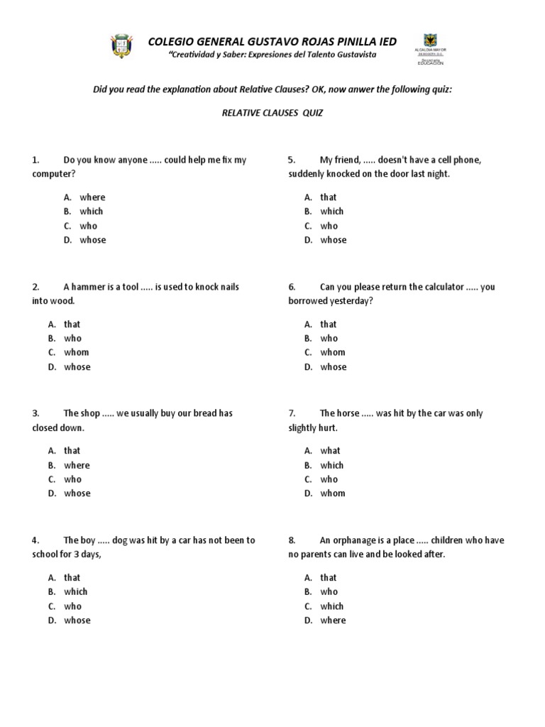 Relative Clauses Quiz for Students | PDF