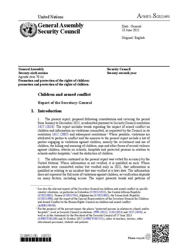 UN Secretary General Annual Report On Children and Armed Conflict | PDF ...