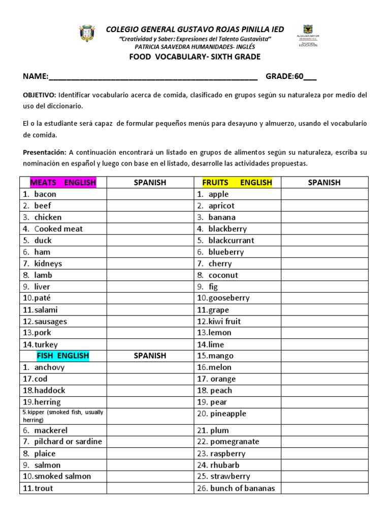 Guide 1 A Food Vocabulary 6 o | PDF | Pasta | Pasteles
