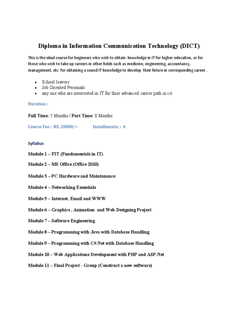 Diploma in Information Communication Technology | PDF | Business ...