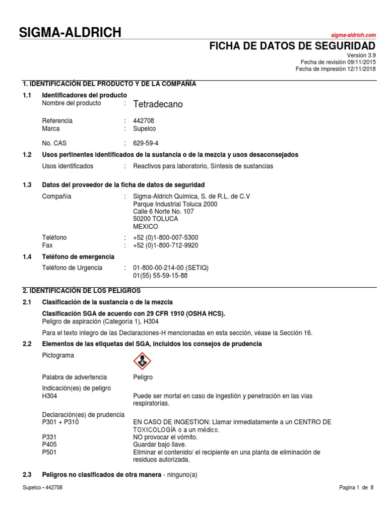 Tetradecano | PDF | Toxicidad | Higiene Ocupacional