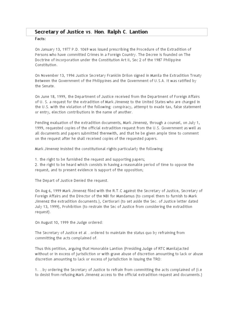 Jimenez Extradition Case Overview | PDF | Treaty | Extradition
