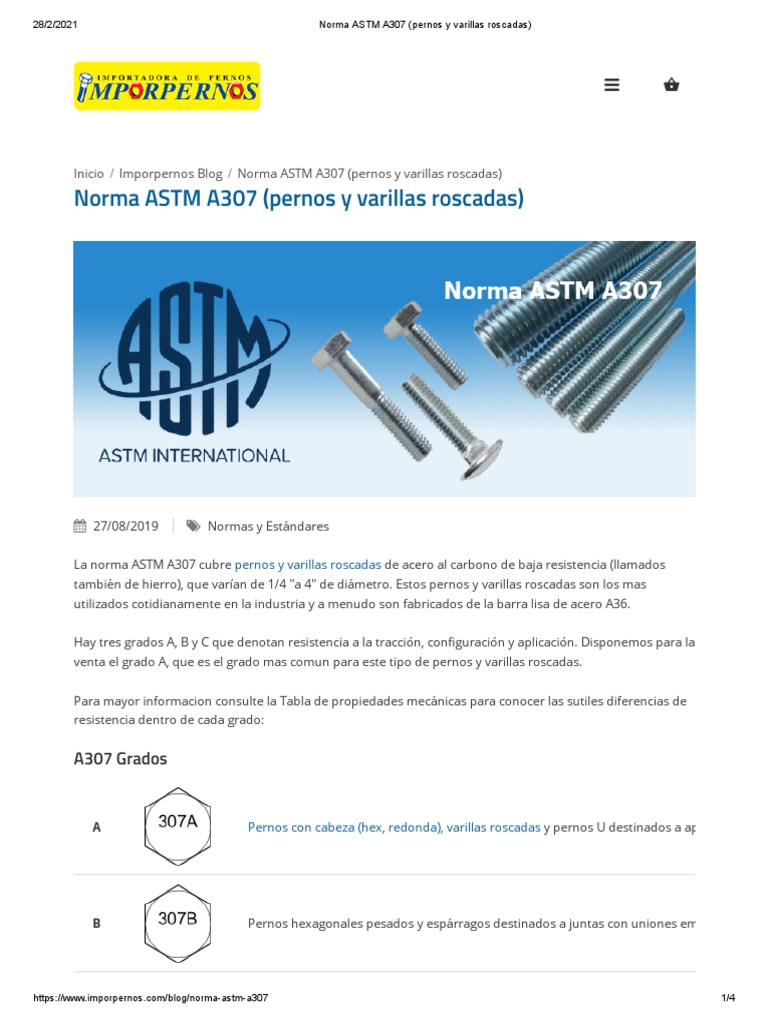 Norma ASTM A307 (Pernos y Varillas Roscadas) | PDF | Acero | Materiales