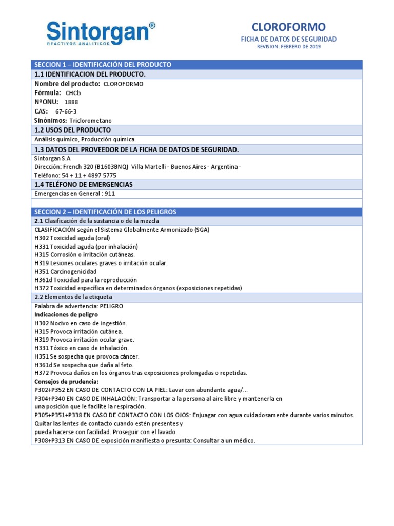 Cloroformo Hoja de Seguridad | PDF | Cloroformo | Naturaleza