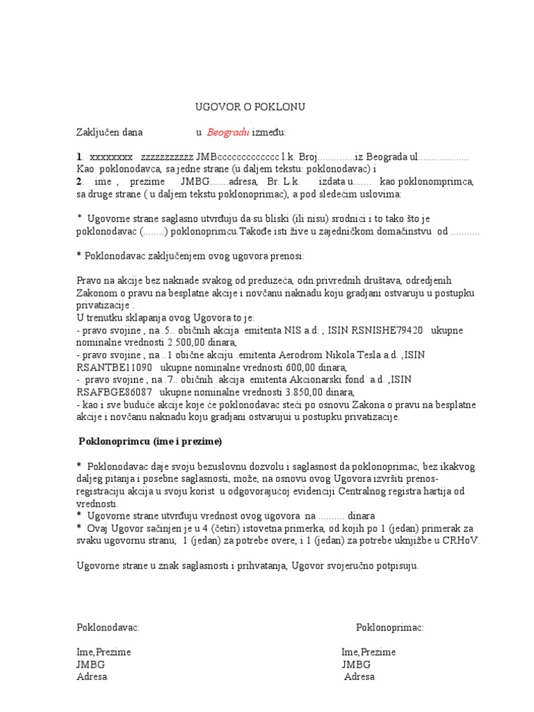 Uzorak-Ugovor o Poklonu | PDF