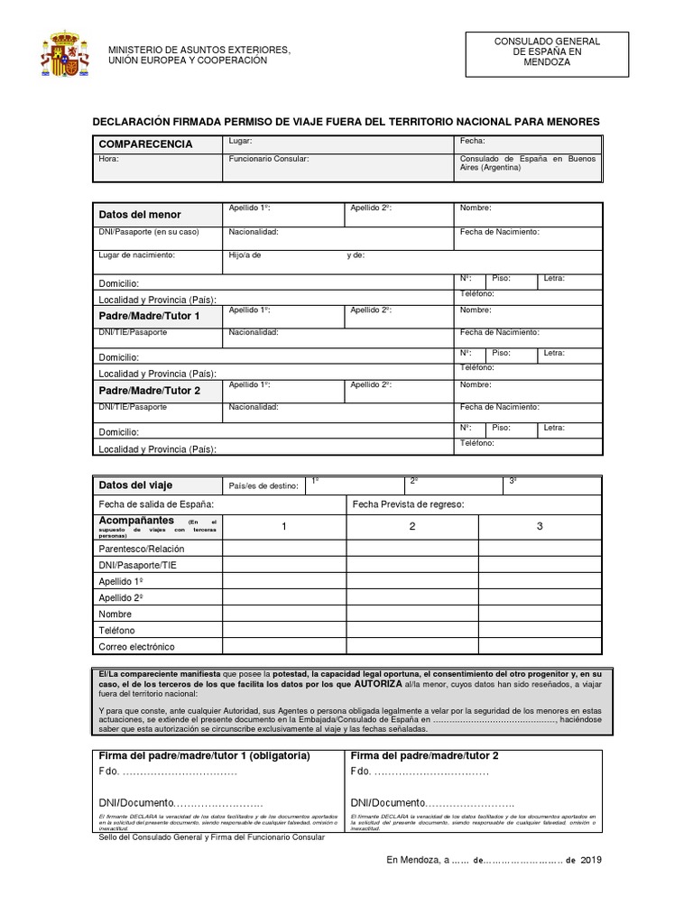 2019 Formulario Permiso de Viaje de Menores | PDF | Privacidad de la información | Gobierno