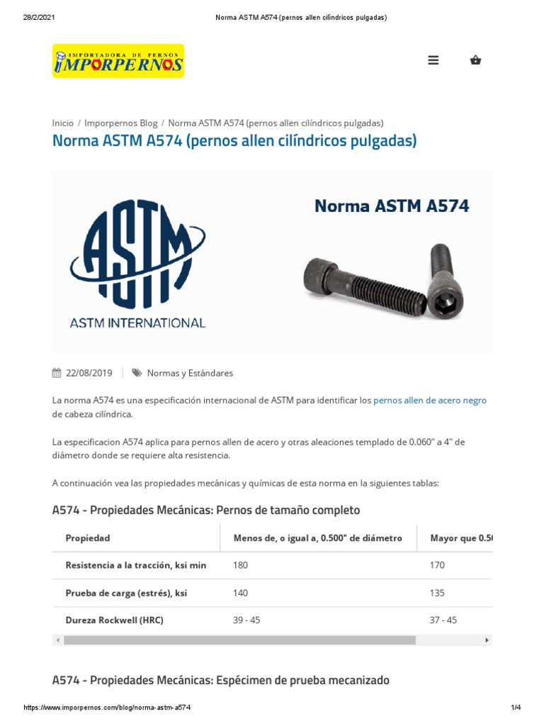 Norma ASTM A574 (Pernos Allen Cilíndricos Pulgadas) | PDF | Acero | Química
