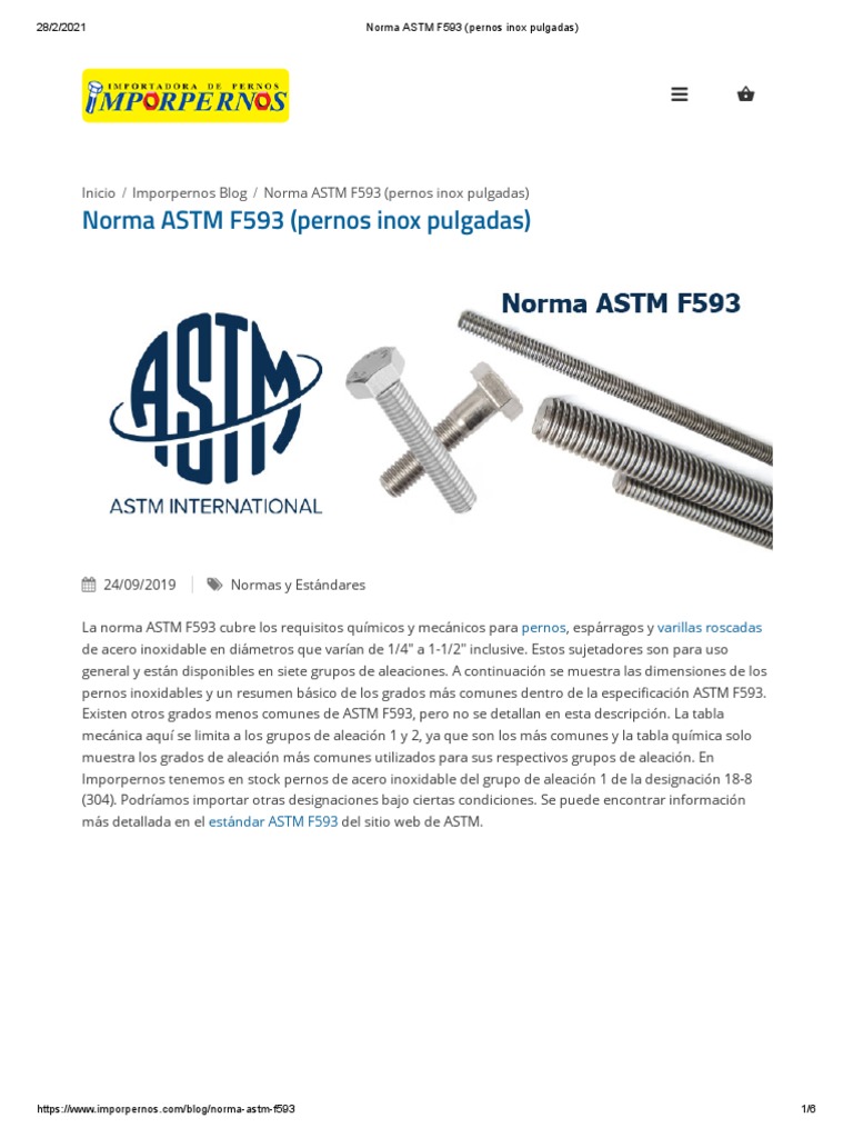 Norma ASTM F593 (Pernos Inox Pulgadas) | PDF | Rieles | Materiales de construcción
