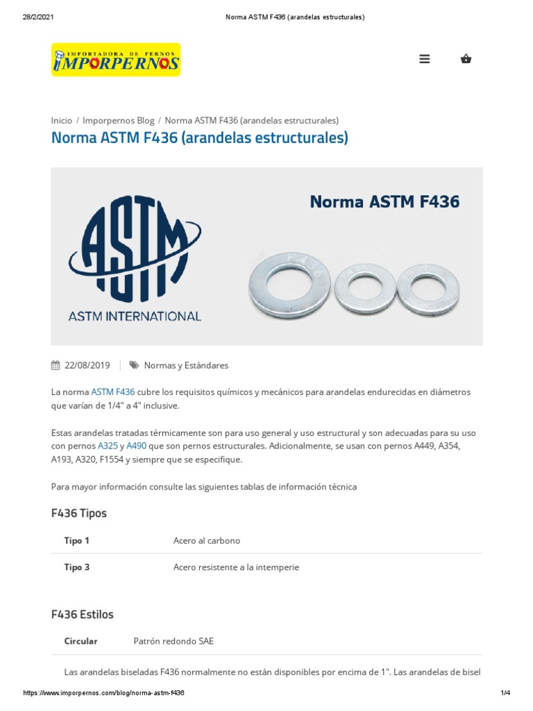 Norma ASTM F436 (Arandelas Estructurales) | PDF | Acero | Metales de ...