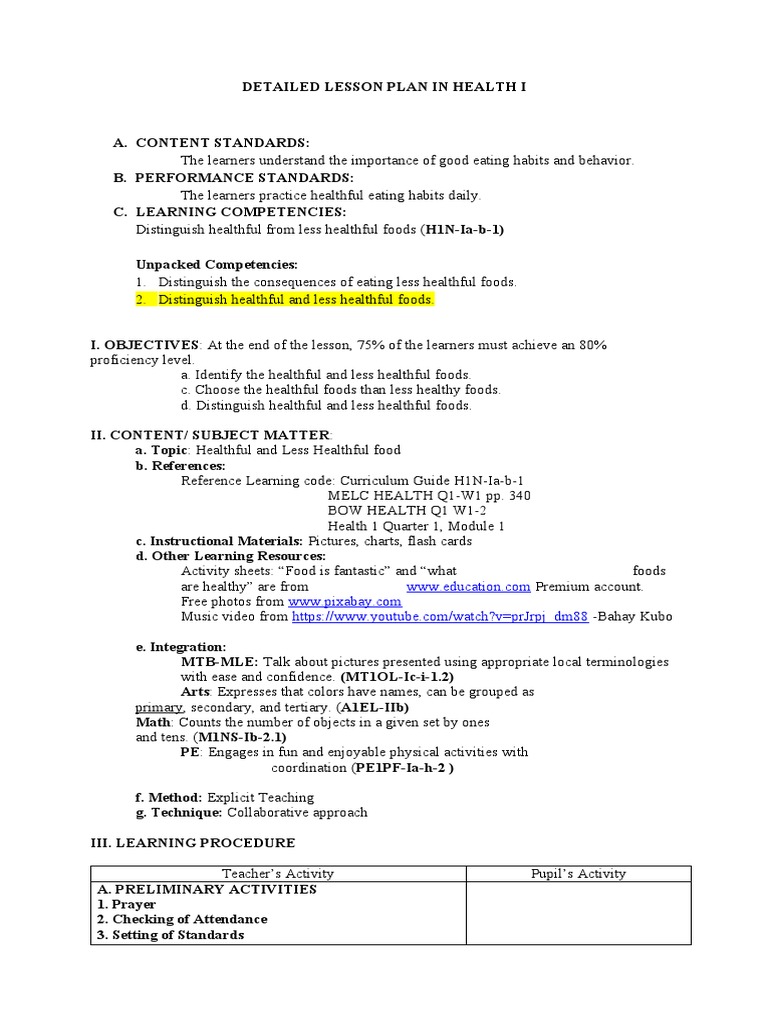 Detailed Lesson Plan in Health 1 | PDF | Healthy Diet | Foods