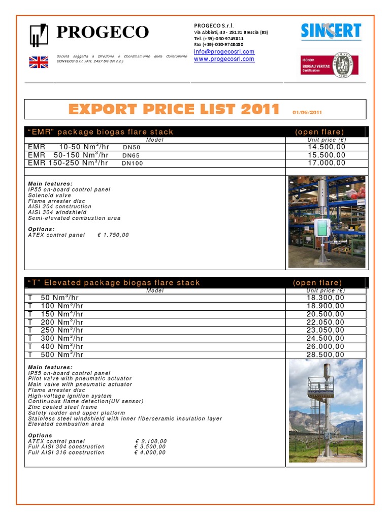 EXPORT PRICE LIST 2011 BIOGAS Al 01-06-2011 | PDF | Valve | Heat Exchanger