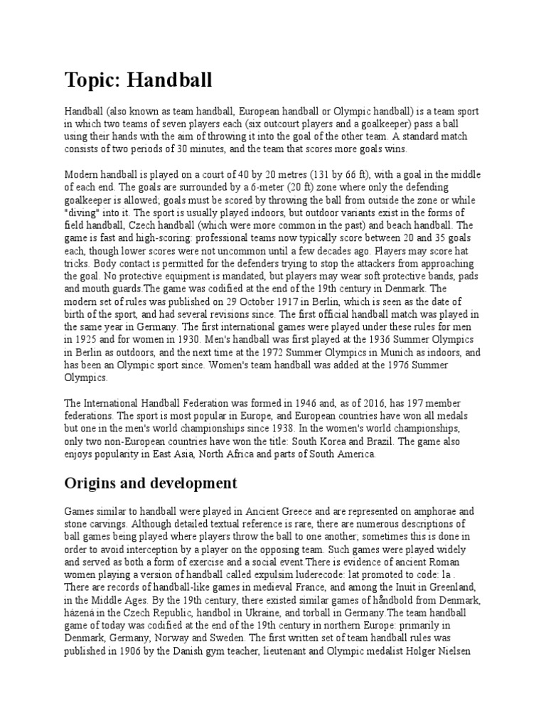 Topic: Handball: Origins and Development | PDF | Games Of Physical ...