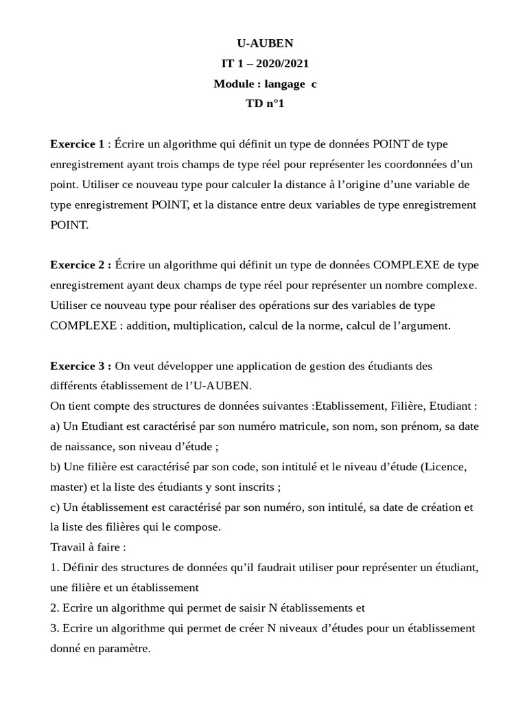 Algorithmes en C : Structures et Fonctions | PDF | C (Langage de programmation) | Informatique